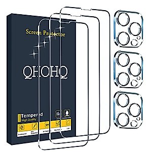 QHOHQ 3 Pack Screen Protector for iPhone 13 Pro Max 6.7 Inch with 3 Pack Tempered Glass Camera Lens Protector, Ultra HD, 9H Hardness, Scratch Resistant, Easy Install - Case Friendly