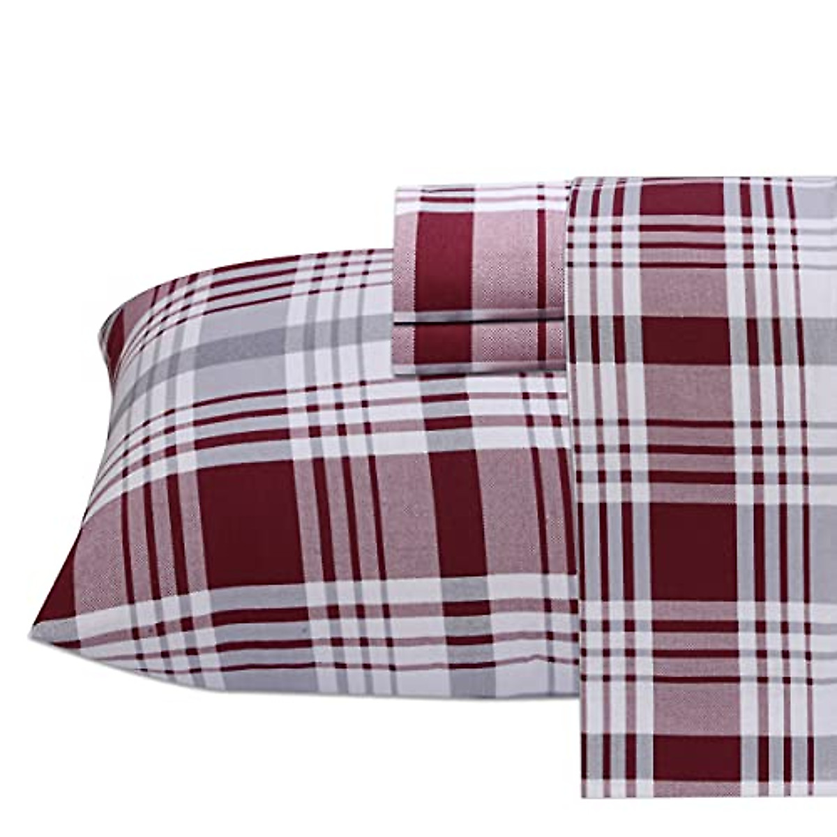 RUVANTI Flannel Sheets Full Size - 100% Cotton Brushed Bed Sheet Sets - Deep Pockets 16 Inches (fits up to 18") - All Seasons Breathable & Super Soft - Warm & Cozy - 4 Pcs - Balance Plaid Maroon