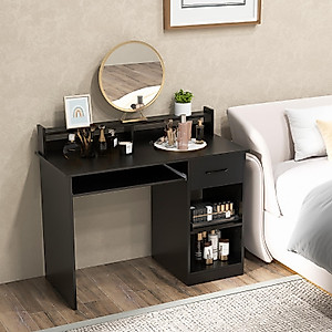 IFANNY Computer Desk, Office Desk with Drawers, Hutch, Keyboard Tray & Adjustable Shelf, Small Desk with Storage, Modern Home Office Desks, Black Desk for Bedroom, Living Room, Study (Black)