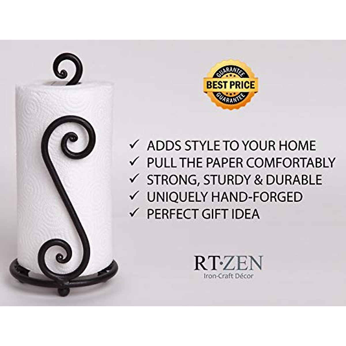 Fancy Paper Towel Holder Stand | Black Stylish Wrought Iron | Classic Decorative Countertop Authentic Rod Metal Hand Forged Stand Up Holder | Handmade Crafted by RTZEN-Décor