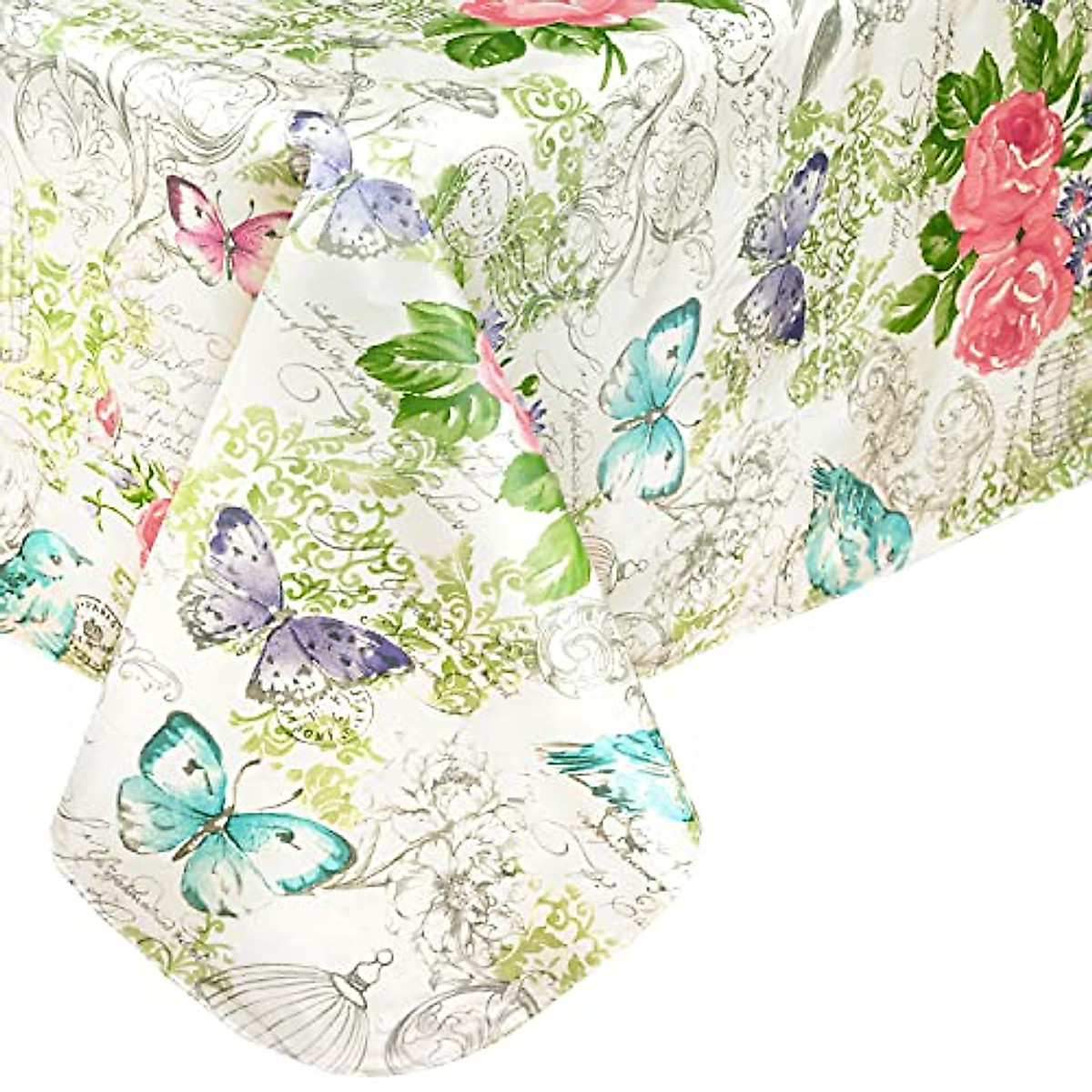 Newbridge Victoria Easter Pastel Rose Floral Vinyl Flannel Backed Tablecloth - Roses and Butterfly Spring French Country Print Vinyl Tablecloth with Flannel Backing, 60” x 102” Oblong/Rectangle