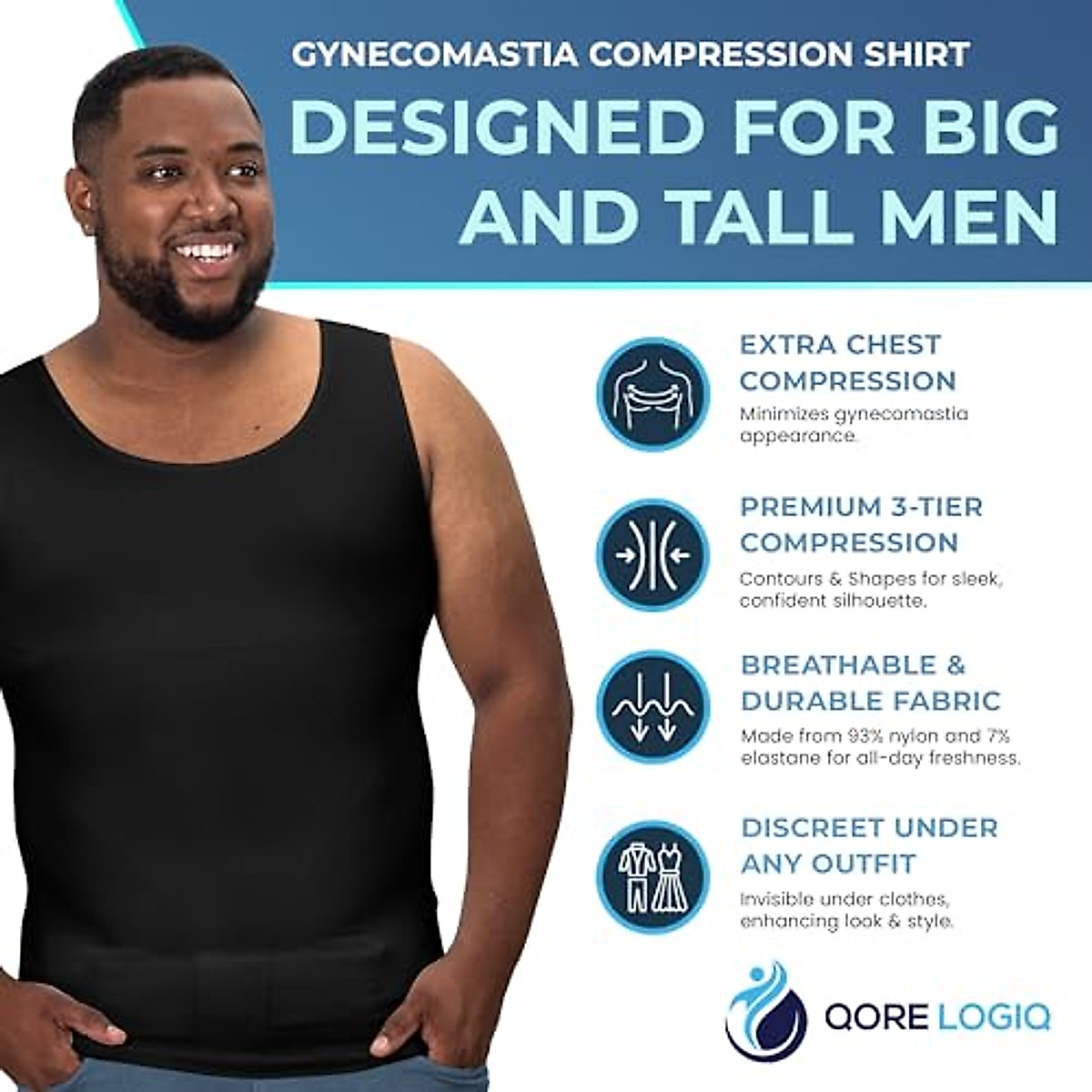 QORE LOGIQ Gynecomastia Compression Shirts for Men - Sleeveless Slimming Undershirts Tummy Control and Body Shaper Tank Top Black Medium