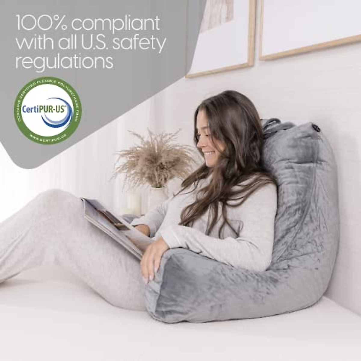Milliard Extra Large Reading Pillow with Shredded Memory Foam, Wedge Back Rest Pillow for Sitting in Bed with Removable Velour Cover –24x18 inches (Grey)