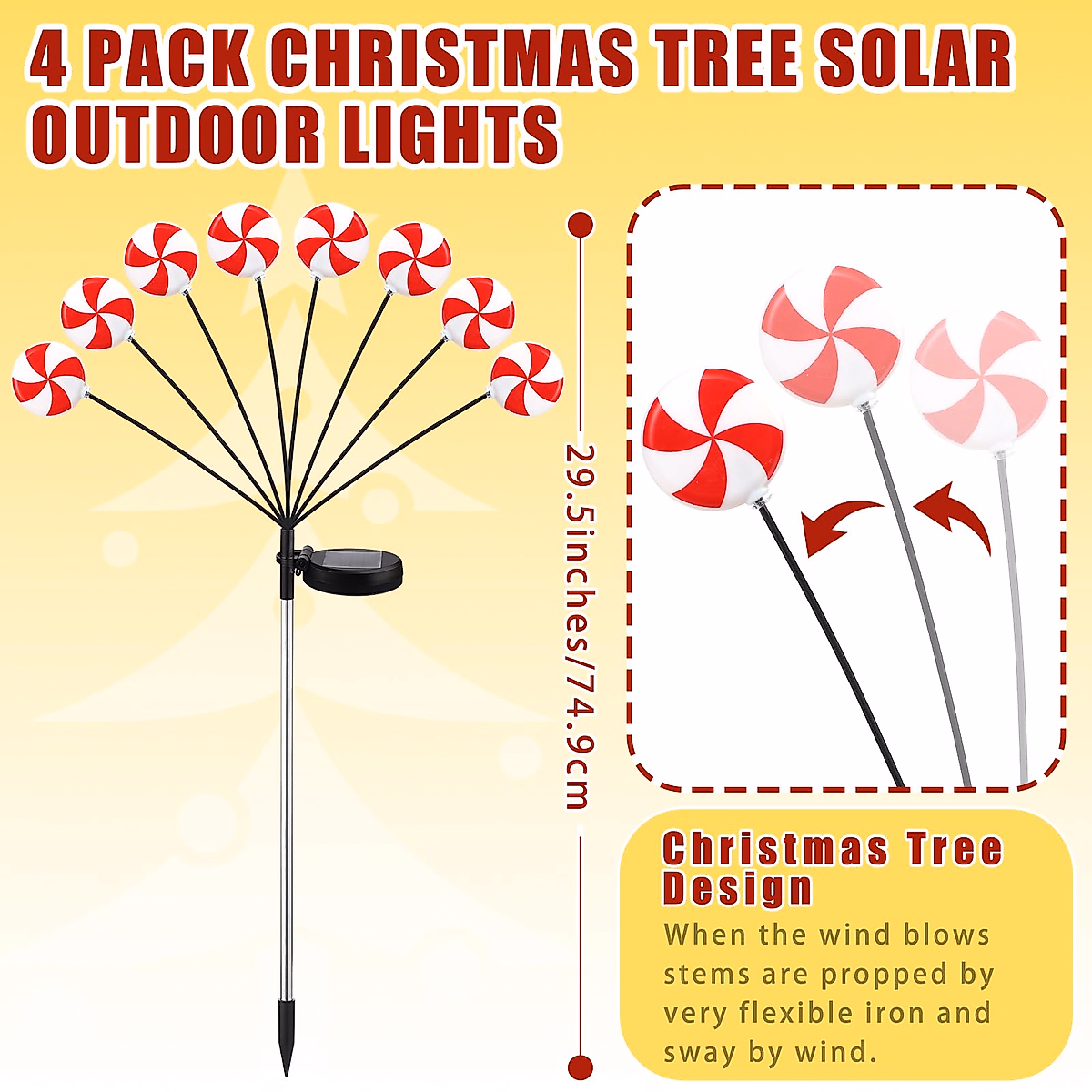 VIHOSE 4 Pack Christmas Solar Outdoor Lights Waterproof Swaying Light LED Firefly Solar Pathway Lights Solar Lights Outdoor with Stake for Garden Yard Patio Xmas Halloween Decorations (Candy Cane)