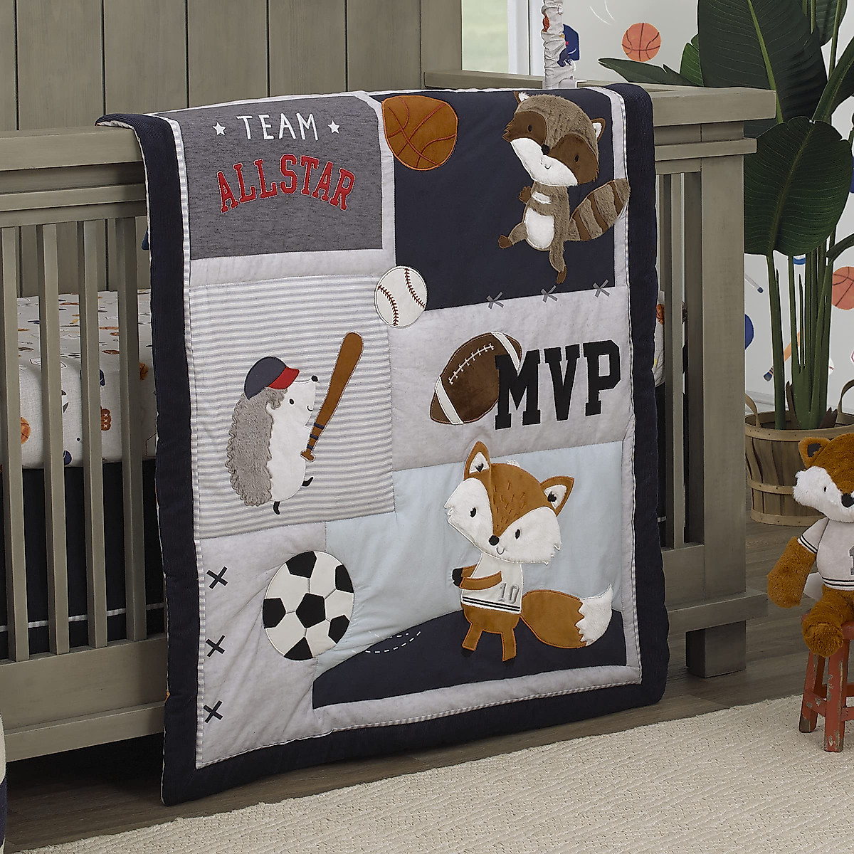 NOJO Team All Star Navy, Grey, and Light Blue, Football, Baseball, Soccer and Basketball, 4 Piece Nursery Crib Bedding Set - Comforter, 100% Cotton Fitted Crib Sheet, Crib Skirt and Storage Tote