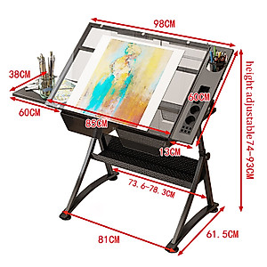 VejiA Glass Drafting Table, Height Adjustable Drawing Desk with Stool, Tiltable Desk Art Table 0°-50°, Tempered Glass Top Painting Desk, Art Craft Work Station, with
