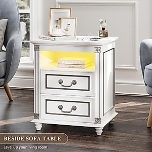 SKKTKT Night Stand with Charging Station, Nightstands with 3 Color LED Lights, Side Table with 2 Drawers Storage, Bedside End Table with Outlets and USB Ports for Bedroom, White
