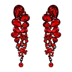 EVER FAITH Women's Wedding Banquet Jewelry Red Crystal Elegant Teardrop Dangle Pierced Earrings Black-Tone