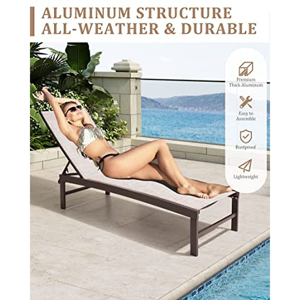 Patio Aluminum Chaise Lounge Chair, VredHom Set of 2 Outdoor Recliner Lounge Chair Sun Loungers, All Weather Chaise with 5 Adjustable Backrest and Lay Flat Positions for Garden, Balcony, Pool
