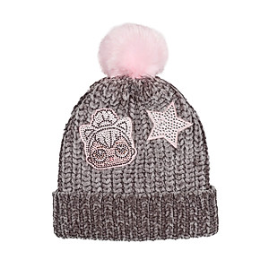 LOL Surprise Soft Chenille Winter Hat & Gloves Set for Girls with Pompom and LOL Doll Patches Grey