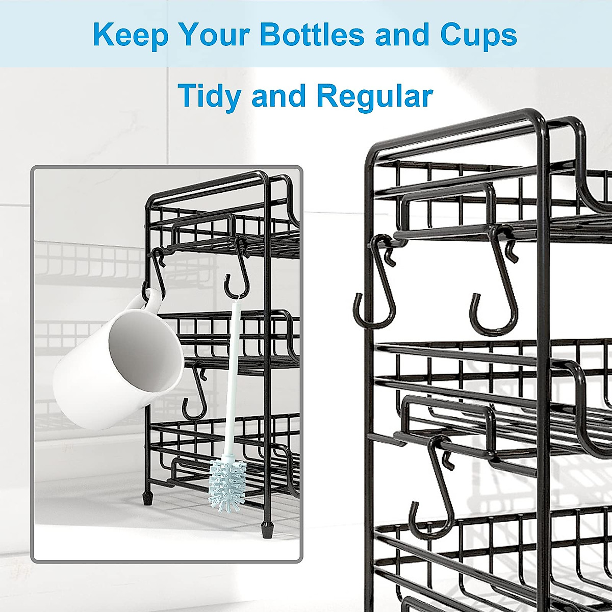 Mefirt Water Bottle Organizer, 3-Tier Water Bottle Organizer for Cabinet, Stackable Water Bottle Storage Rack, Soda, Can, Water Bottle Holder for Cabinet, Kitchen Countertops, Pantry, Fridge (2 PK)