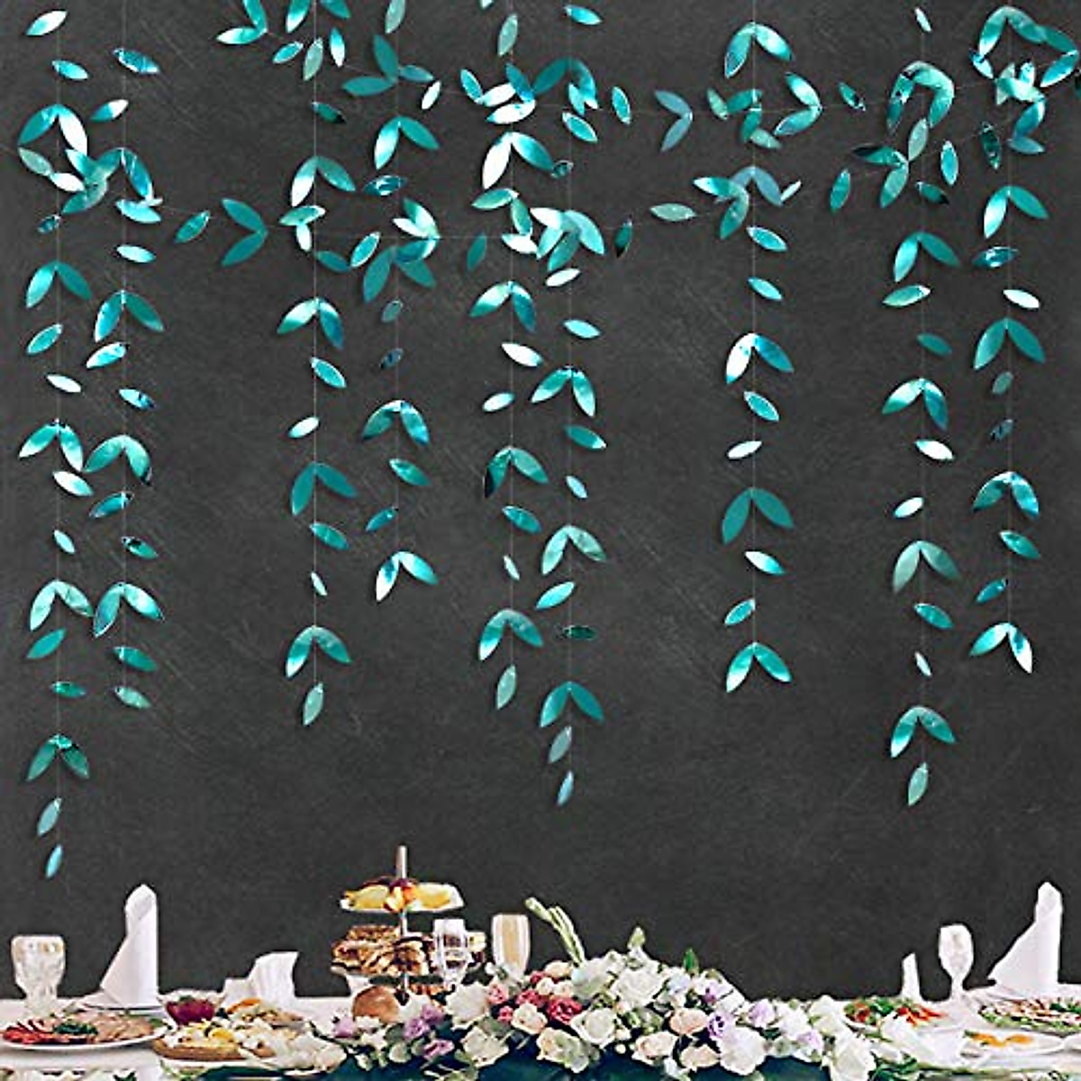 52 Ft Hunter Green Leaf Garland Emerald Turquoise Dark Green Paper Hanging Leaves Streamer Teal Aqua Green Banner for Anniversary Wedding Bridal Shower Engagement Spring Summer Party Decorations