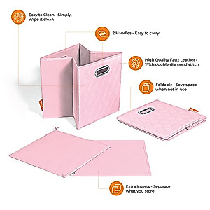 JIAessentials Small 11-inch Pink Foldable Diamond Patterned Faux Leather Storage Cube Bins Set of Four with Handles with Dual Handles for living room, bedroom and office storage