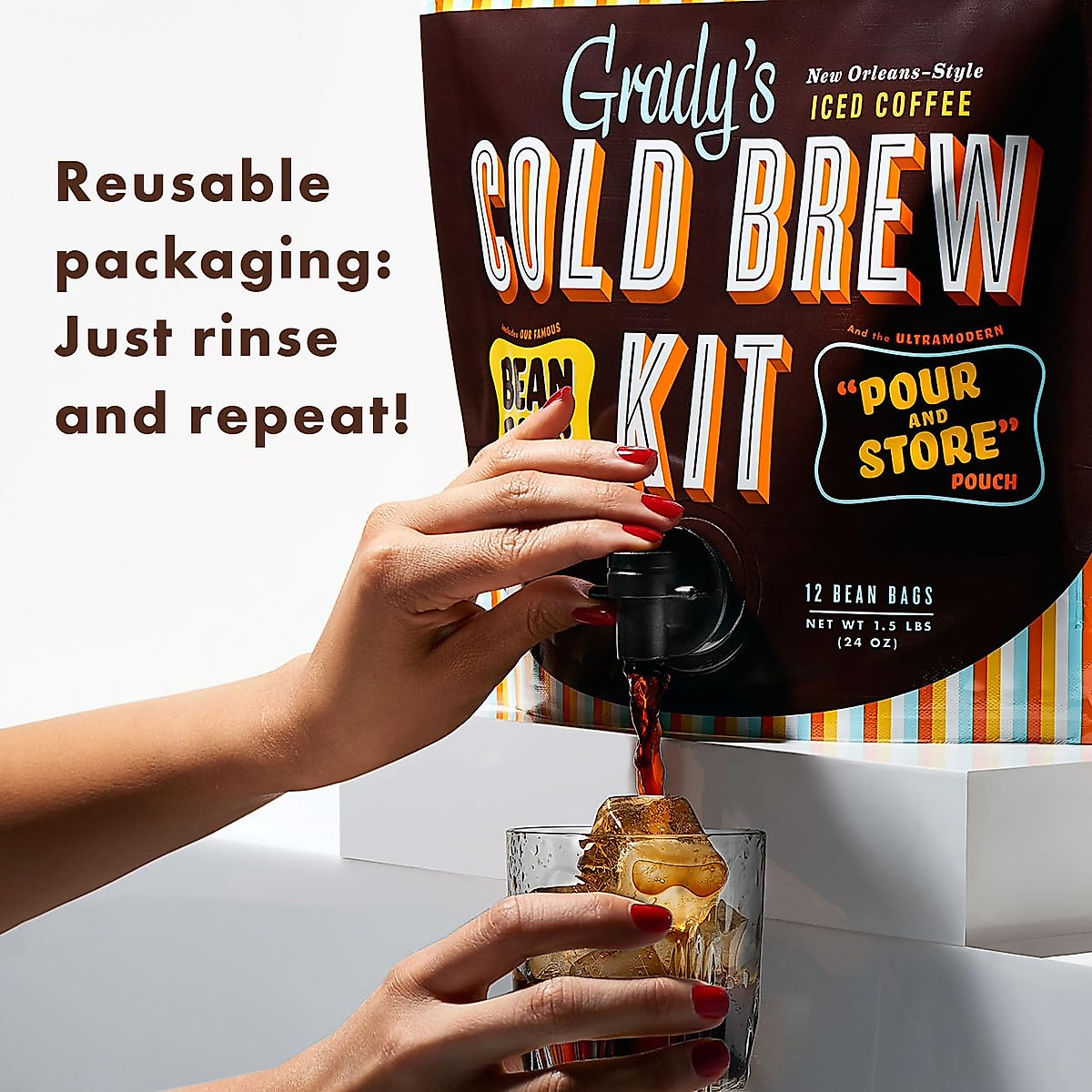 Grady's Cold Brew Coffee | Original | New orleans Style Cold brew Concentrate | Pour & Store Kit with 12 Bean Bags + 1 Pour & Store Pouch | 36 Servings