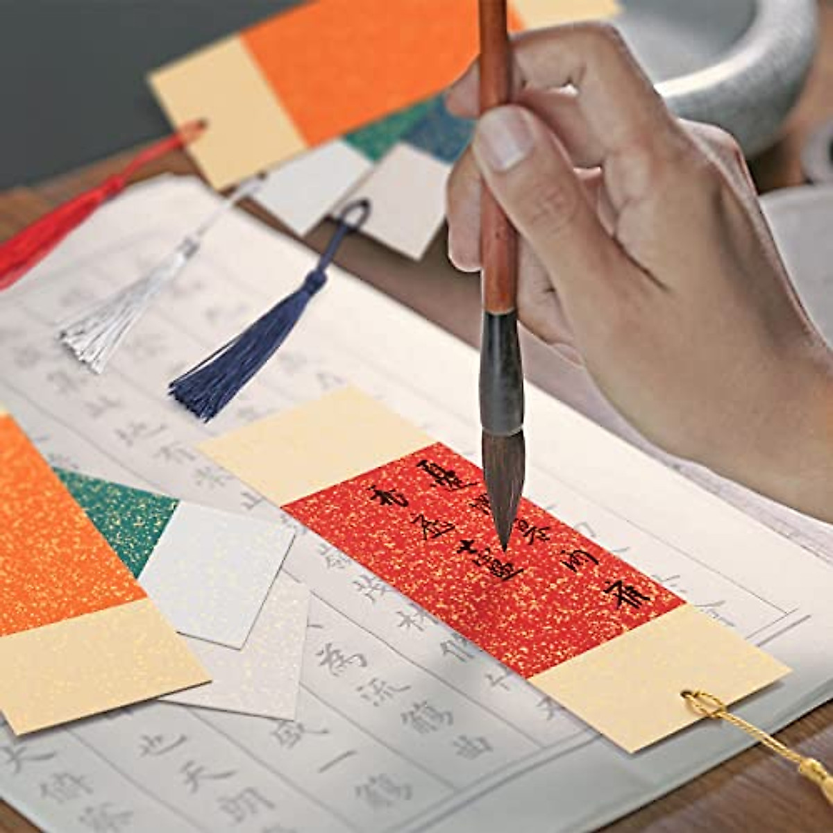 HINZIC 30Pcs Chinese Traditional Bookmark 6*18CM Xuan Paper Blank Bookmark with Colorful Tassels for Book Lovers DIY Making Gift