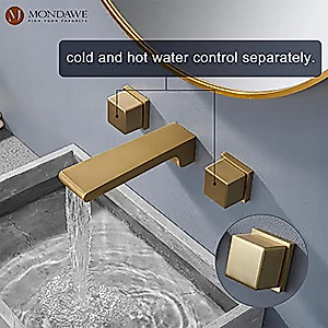 MONDAWE Brushed Gold Bathroom Faucets, Wall Mounted Sink Faucet with 2-Handle, Modern 3 Holes Widespread Basin Faucet