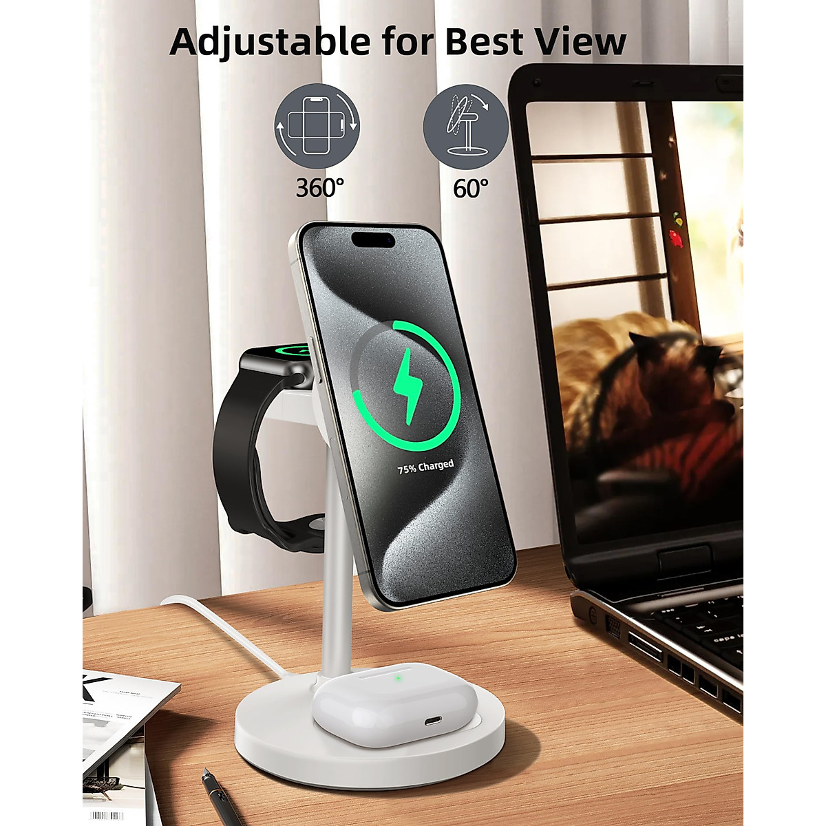 FutureCharger for MagSafe Charger Stand - 3 in 1 Wireless Charging Station for Apple Devices, for iPhone 15/14/13/12 Series, for iWatch/Airpods, Aluminum Alloy Rod, Leather Pad, White