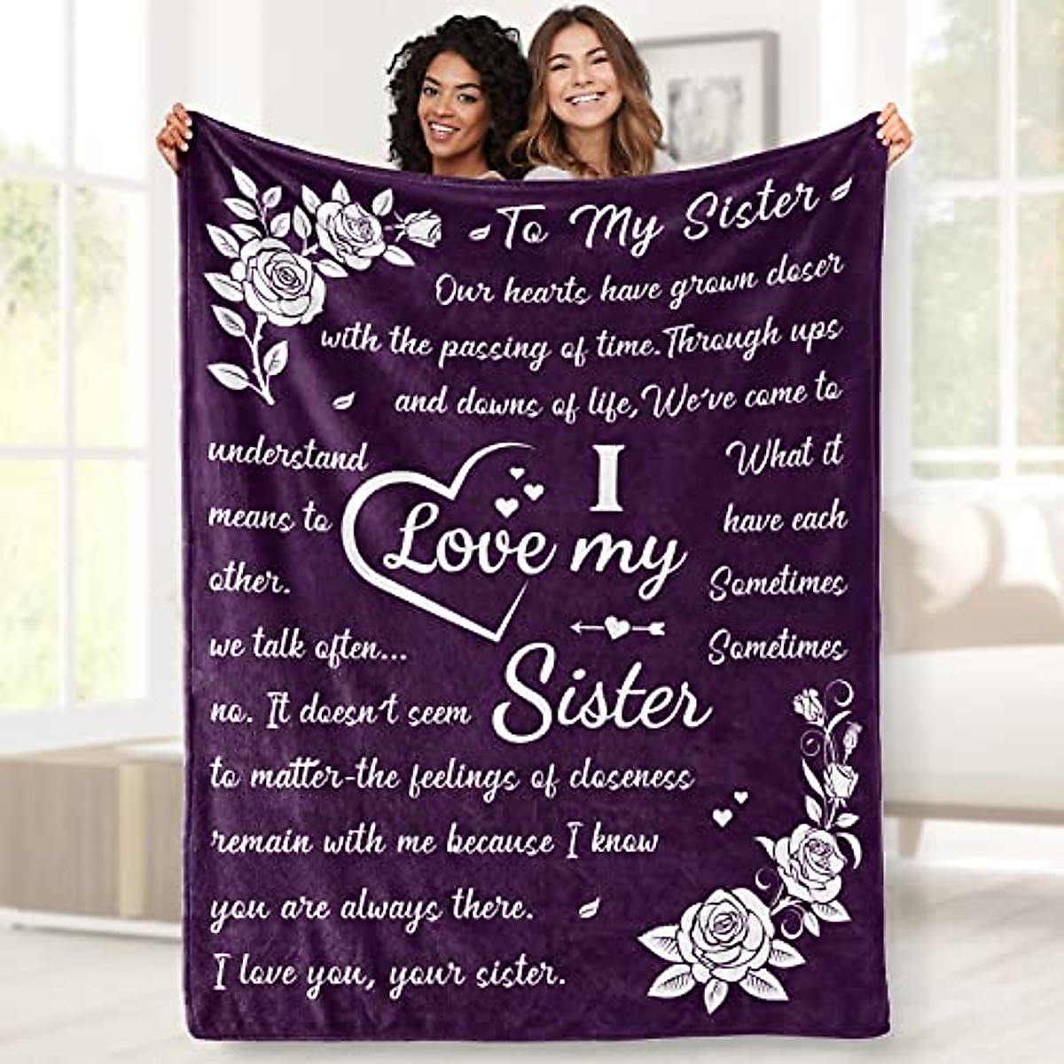 Throw Blanket Sister Gifts, Fleece Blanket Sisters Gifts from Sister, Sister Blanket Birthday Gifts for Sister, Gifts for Women Purple Flannel Lightweight Soft Blanket to My Sisters for Bed Couch