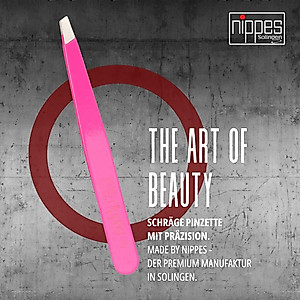 Nippes Stainless Steel Slant Pink Tweezers - Precision Pointed Slant - Quality Handmade in Solingen Germany - Professional Grade - Ergonomic Hand Grip - for Eyebrows, Eyelashes, Extensions [9.5 CM]