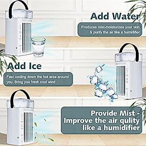 Portable Air Conditioner Fan 4 in1— Desktop Cooling Fan with 4 Wind Speed & 2 Spray Modes, 7 Colors LED Light & 2-8H Timer, 700ml Large Watertank High-Efficiency Cooling Fan for Room Office Bedroom Couch Dining Table, Portable USB Power Bank Notebook Powe