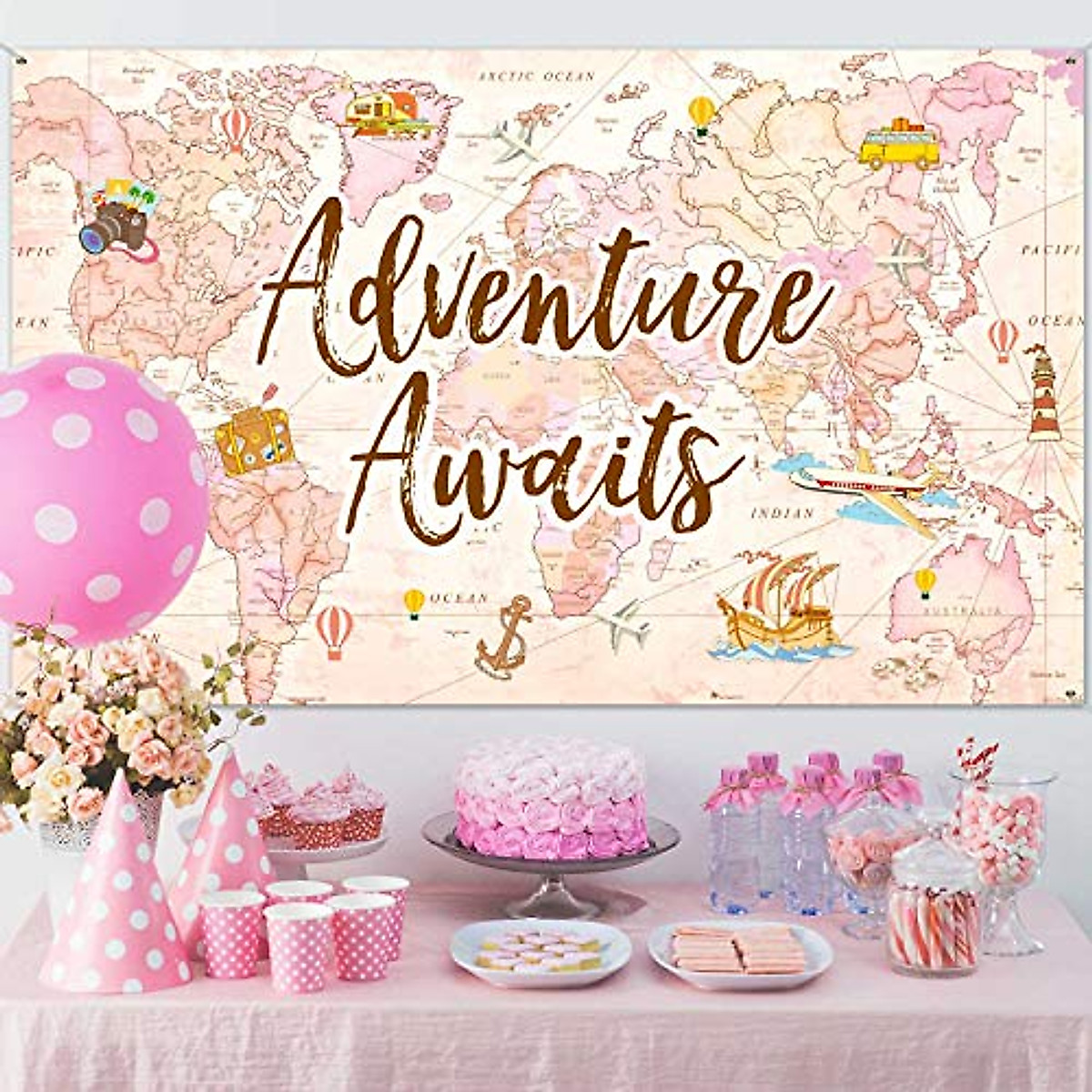 Travel Themed Party Decorations Supplies Adventure Awaits Bon Voyage Backdrop Adventure Map Backdrop for Graduation Birthday Party Baby Shower Photo Booth Pink, 70.8 x 43.3 Inch