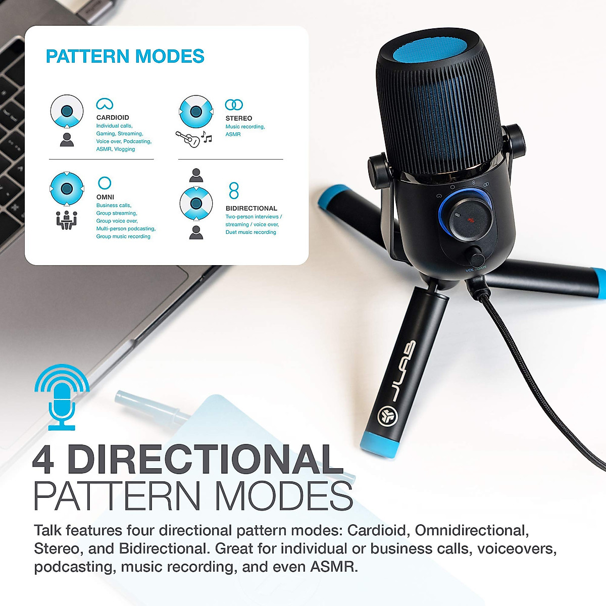 JLab Talk USB Microphone | USB-C Output | Cardioid, Omnidirectional, Stereo or Bidirectional | 96k Sample Rate | 20Hz - 20kHz Frequency Response | Volume, Gain Control, Quick Mute | Plug & Play