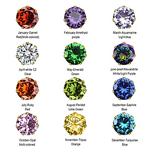 TIYAMILA Gold Plated Birthstone Stud Earrings 316L Stainless Steel CZ Stud Earrings for Women, Coloful Round Cubic Zirconia Stud Earrings, CZ Earrings Set 4mm, 5mm, 6mm, 7mm With Gift Box - 6MM