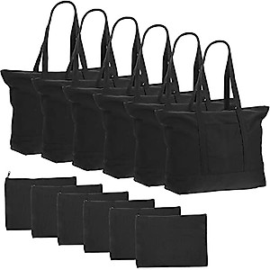 Mixweer 12 Pcs Black Canvas Tote Bag and Makeup Bags for Women Reusable Grocery Bags with Zipper Multipurpose Bag for Shopping Cosmetic Travel Toiletry DIY Craft
