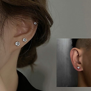 3 Pairs 925 Sterling Silver Cubic Zirconia Stud Earrings 6mm-7mm-8mm Set Men Women