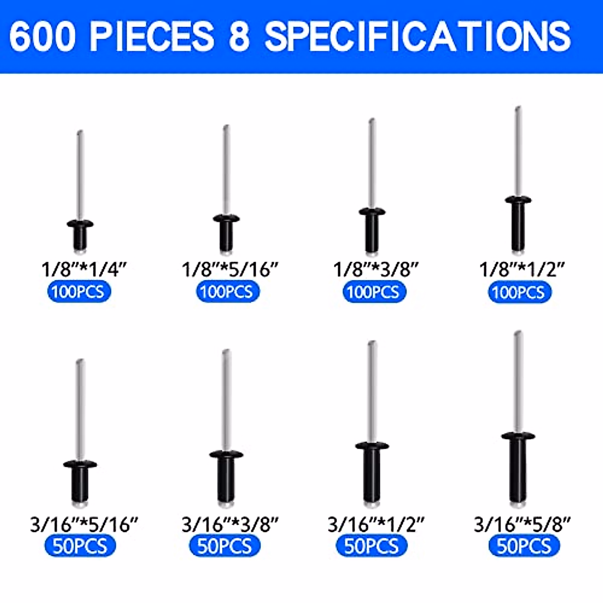 600PCS Black Pop Rivets, 8 Sizes of Aluminum Blind Rivets Assortment Kit（1/8" x 1/4", 5/16", 3/8", 1/2"; 3/16" x 5/16", 3/8", 1/2", 5/8"）