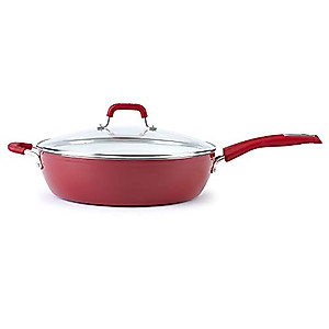 Bialetti Aeternum Nonstick White Ceramic Cookware, 12" Covered Lid Saute Pan, Red & White