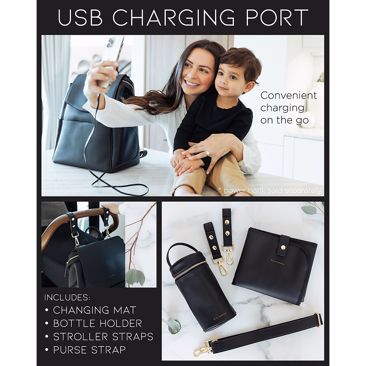 MIA + SOPHIA Leather Diaper Bag Backpack with Changing Pad, Stroller Straps, Bottle Holder (Black Olivia)