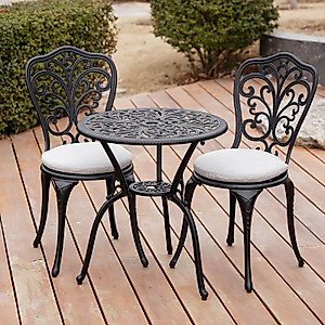 Withniture 3 Piece Bistro Patio Set Cast Aluminum Bistro Table and Chairs Set of 2 with Cushion,Outdoor Bistro Table Set with Umbrella Hole,All Weather Patio Furniture Set for Garden,Black