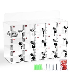 Consfly Cell Phone Locker Box Clear Cell Phone Lock Box 15 Slots Wall-Mounted Cell Phone Storage Cabinet with Keys for Office School Factory