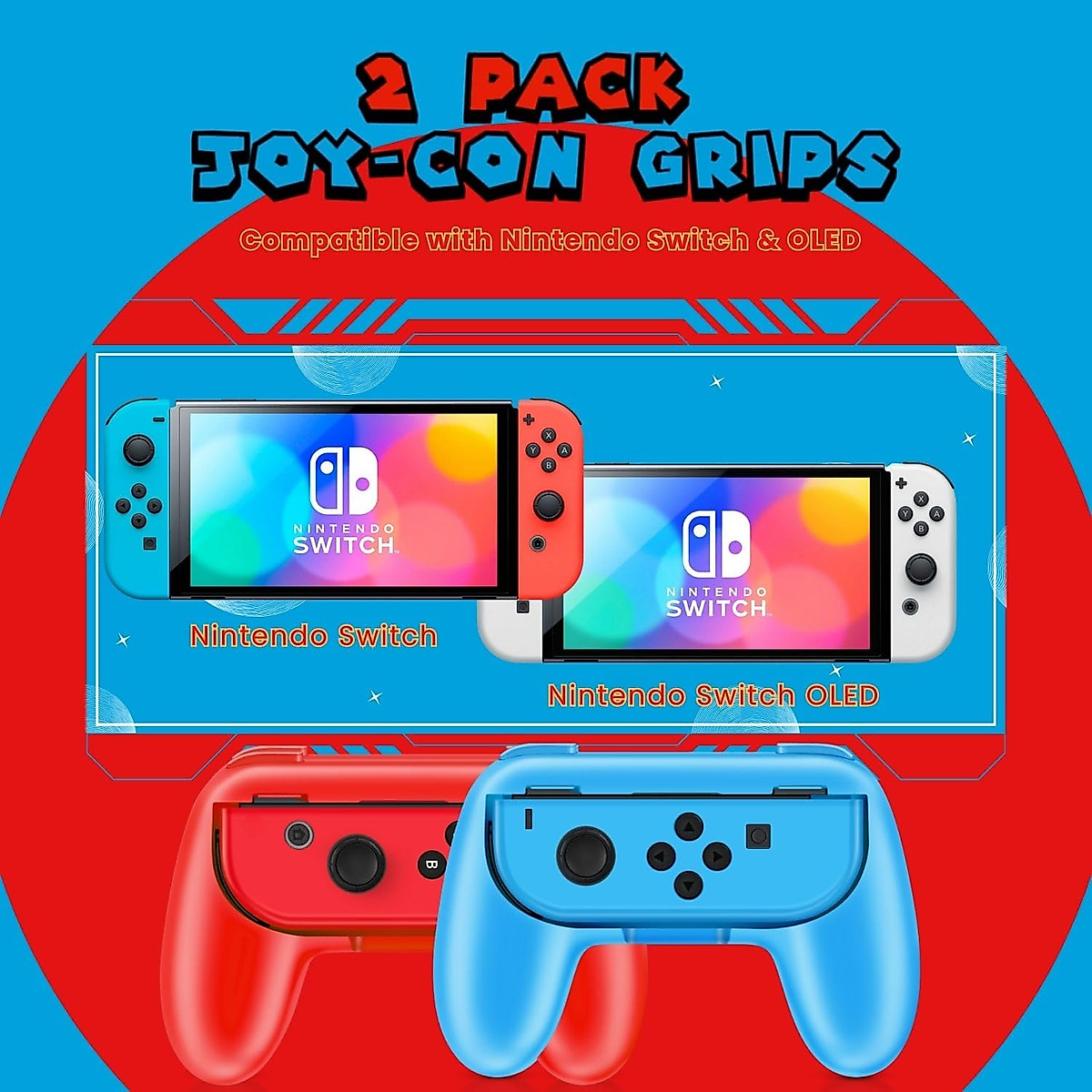TNP Joy-Con Grip for Nintendo Switch/OLED (2 Pack Red + Blue) Comfortable Grip Wear Resistant Joy-Con Handle Game Controller Kit Accessory for Nintendo Switch, Switch OLED
