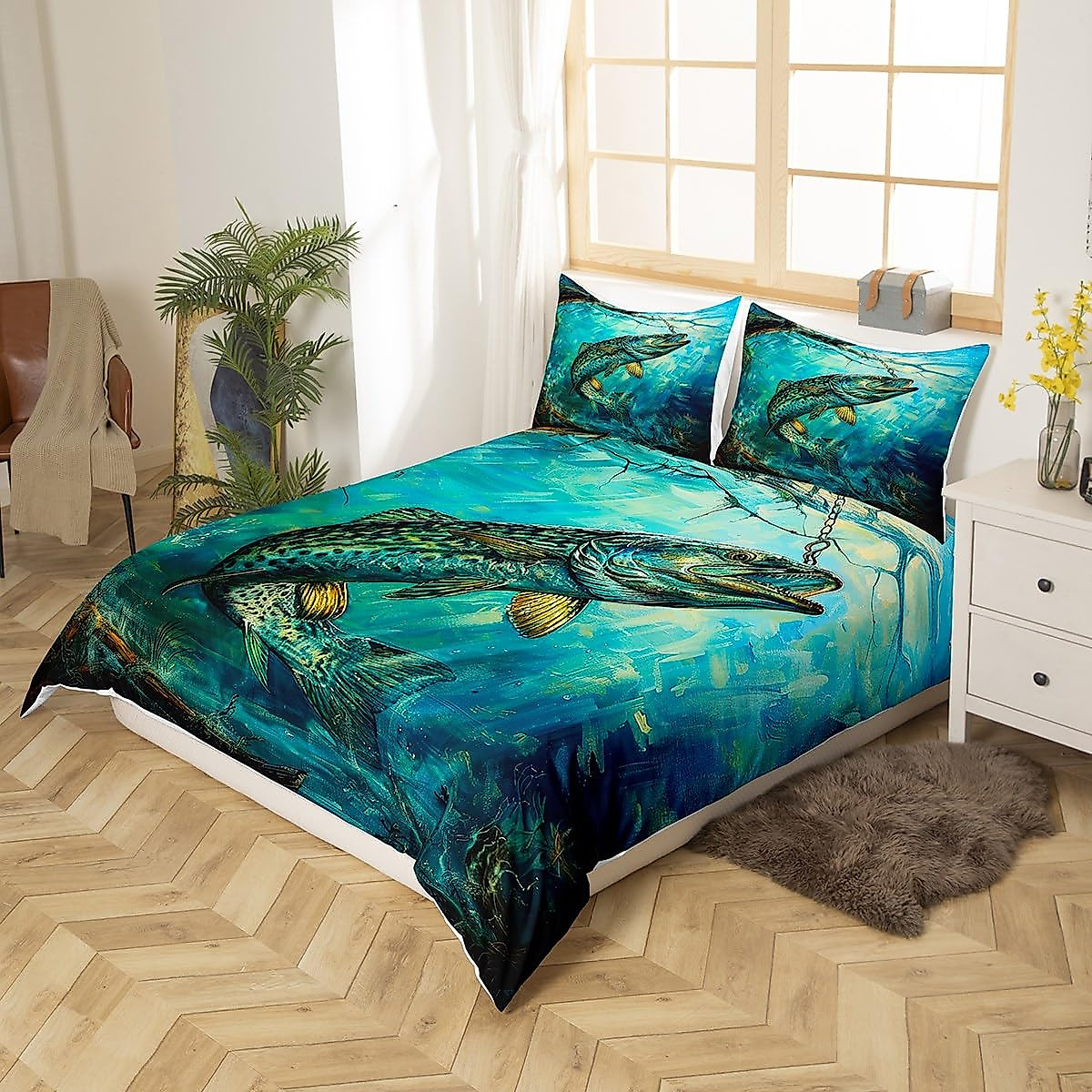 Feelyou Hunting and Fishing Pattern Duvet Cover Big Pike Fishing Bedding Set for Kids Underwater Animals Theme Comforter Cover Rustic Farmhouse Bedspread Cover Bedroom Collection 2Pcs Twin Size