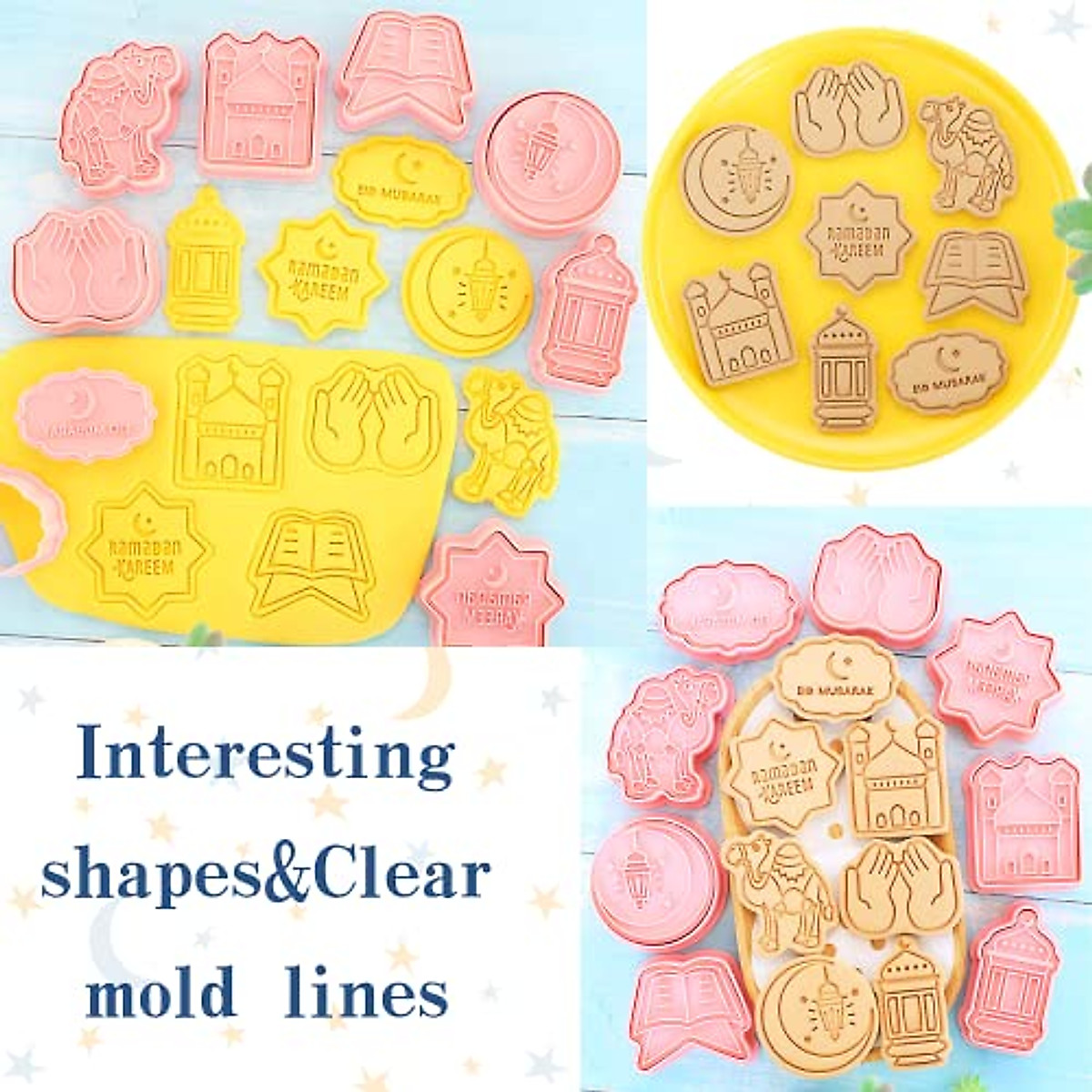 Crethinkaty Eid Mubarak Cookie Cutters-8 Pieces Pressable Eid Mubarak Biscuit Cutters Set-3D Eid Element Cookie Stamps.