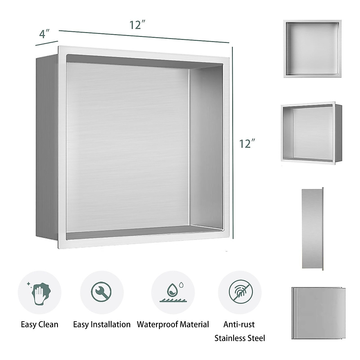 Elefloom Shower Niche, Stainless Steel Modern Bathroom Niche, No Tile Needed Recessed Shower Shelf Organizer for Storage, Stainless Steel, Silver Grey, 12"×12"