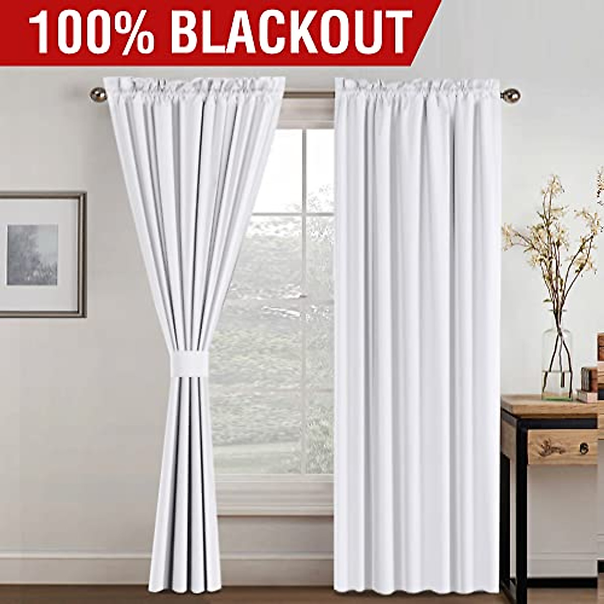 H.VERSAILTEX 100% Blackout White Curtains 96 Inches Long Full Light Blocking Curtain Draperies with Soft White Coating for Bedroom Living Room Thermal Insulated Window Treatment Set of 2 Panels