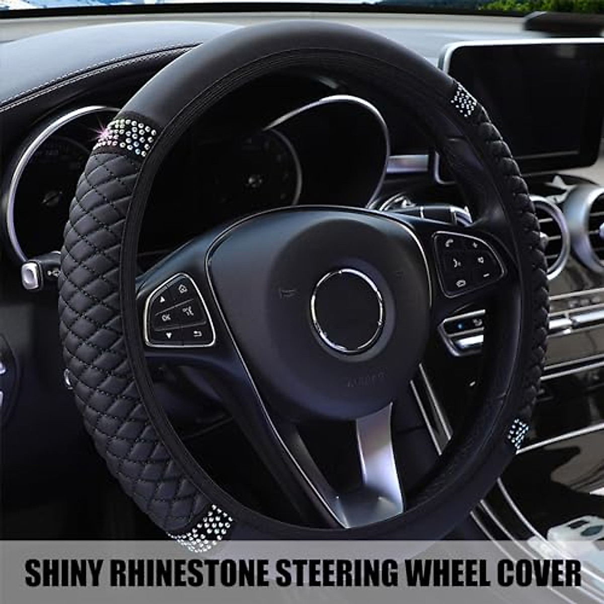 Crynod 1 PC Bling Car Steering Wheel Cover, Rhinestone-Encrusted Leather Elastic Protective Cover Without Inner Ring, Universal Automotive Decorative Accessory, Suitable for Most Models (Black)