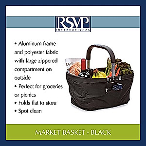 RSVP International Collapsible Market Basket Aluminum Frame, Large Zip Side Pocket, 17x11x18", Black