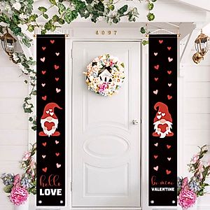 Valentines Day Banners-Valentines Day Door Banner 2 Pcs Hello Love Be Mine Valentine Gnome Heart Door Porch Signs Anniversary Wedding Party Indoor Outside Decor 71 x 12 Inch