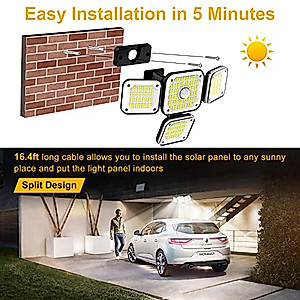 Solar Outdoor Lights Motion Sensor, 292 LED Solar Flood Lights w/Remote Control, 4 Heads Solar Panel Powered Security Lights IP65 Waterproof, Wired Solar Wall Lights for Garage Yard Shed Garden