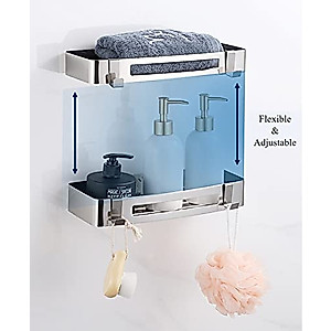 Shower Caddy Bathroom Shelf with Hooks, Rustproof 304 Stainless Steel Shampoo Organizer with Adhesive, No Drilling, Wall Mounted for Inside Shower and Kitchen