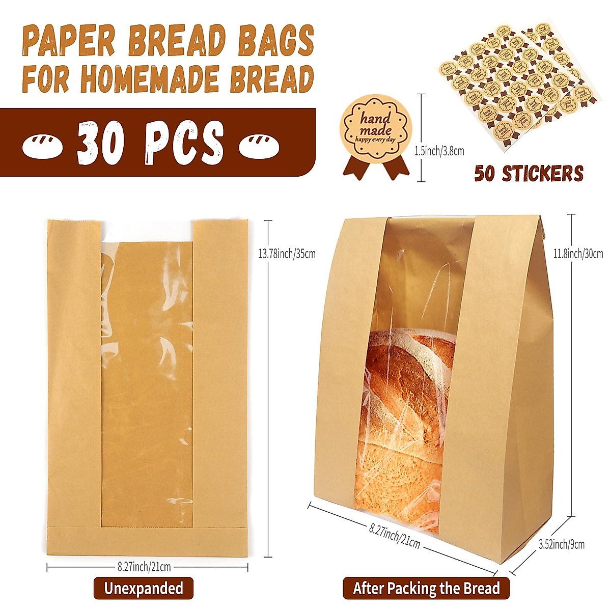 WNSIRVY 30 Pack Large Bread Bags for Homemade Sourdough Bread - Kraft Paper Storage Bakery Bags with Clear Window Bonus 50 Seal Stickers for Sourdough Sandwich (13.7x8.2x3.5 Inches, Brown)