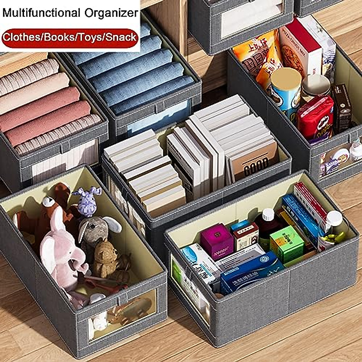 CSKB 4 pcs Closet Storage Bins, Large Fabric Storage Box, Visible Storage Baskets for Closet with PP Board, Foldable Storage Baskets for Organizing Clothing, Jeans, Toys (Medium & Large)