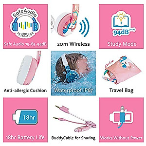 ONANOFF BuddyPhones Wave, Waterproof Wireless Bluetooth Volume-Limiting Kids Headphones, 18-Hour Battery Life, 4 Volume Settings, Built-in Microphone, Includes Backup Cable for Sharing, Unicorn Pink