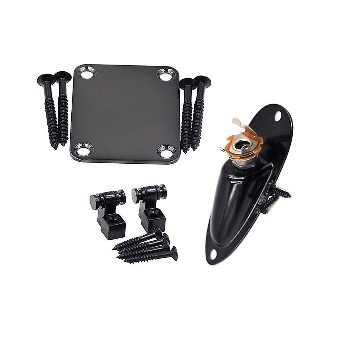 DISENS Guitar String Retainer Roller String Tree Guides,Loaded Jack Socket Plate and Neck Plate Black,Electric Guitar Hardware Set with screws