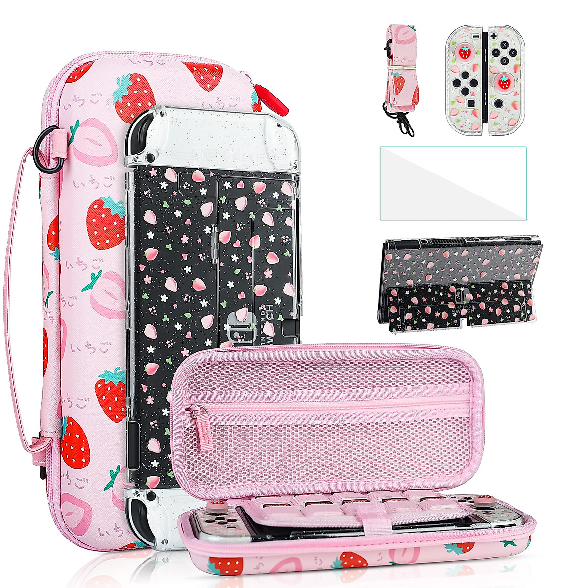 FANPL Cute Carry Case Bundle for Nintendo Switch OLED 2021, Cover Accessories Set with Pink Strawberry Travel Bag, Glitter Strawberry PC Shell, Adjustable Shoulder Strap, Thumb Grips, Screen Protector