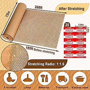 Honeycomb Packing Paper, 15" x 180' Recyclable Cushion Packing Paper for Moving Shipping Packaging Breakables, Eco Friendly Bubble Wrap Alternative Roll Kraft Honeycomb Paper with 20 Fragile Stickers
